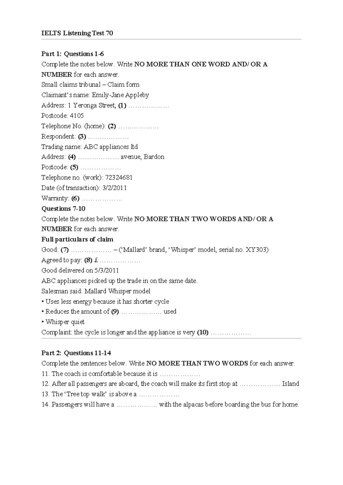 Ielts Listening Test 70 - IELTS Listening Test 70 Part 1: Questions 1 ...
