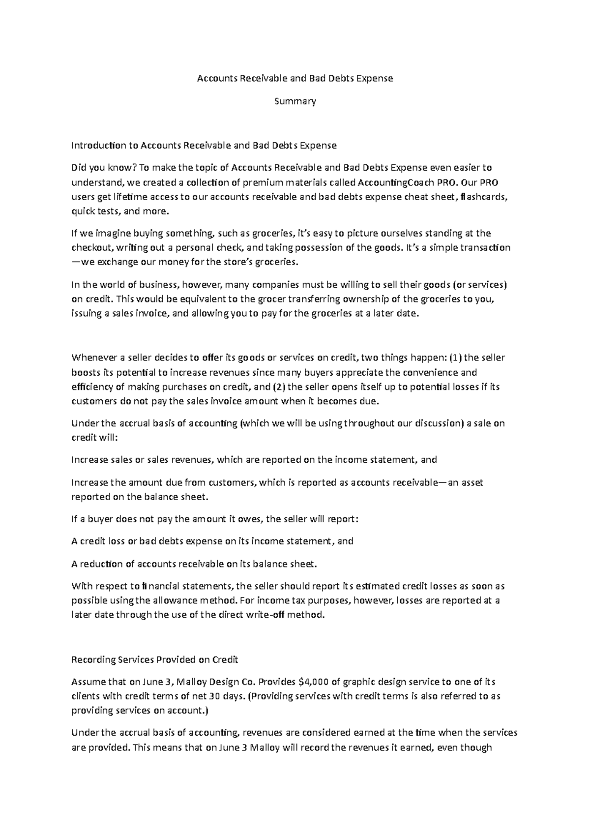 Accounting - Accounts Receivable and Bad Debts Expense Summary - Accounts Receivable and Bad ...