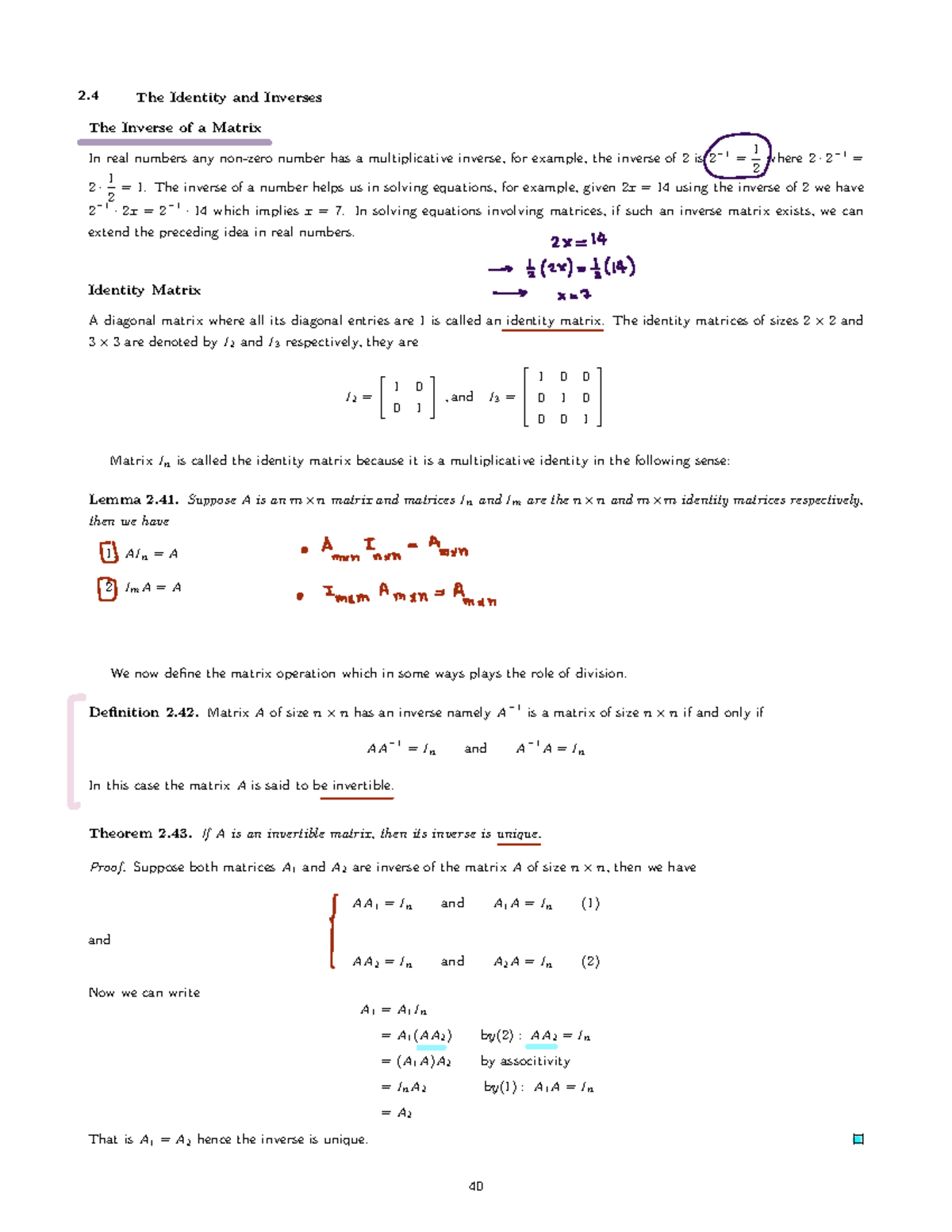 2.4 - 2.5 class notes solutions - 2.1 The Identity and Inverses The ...