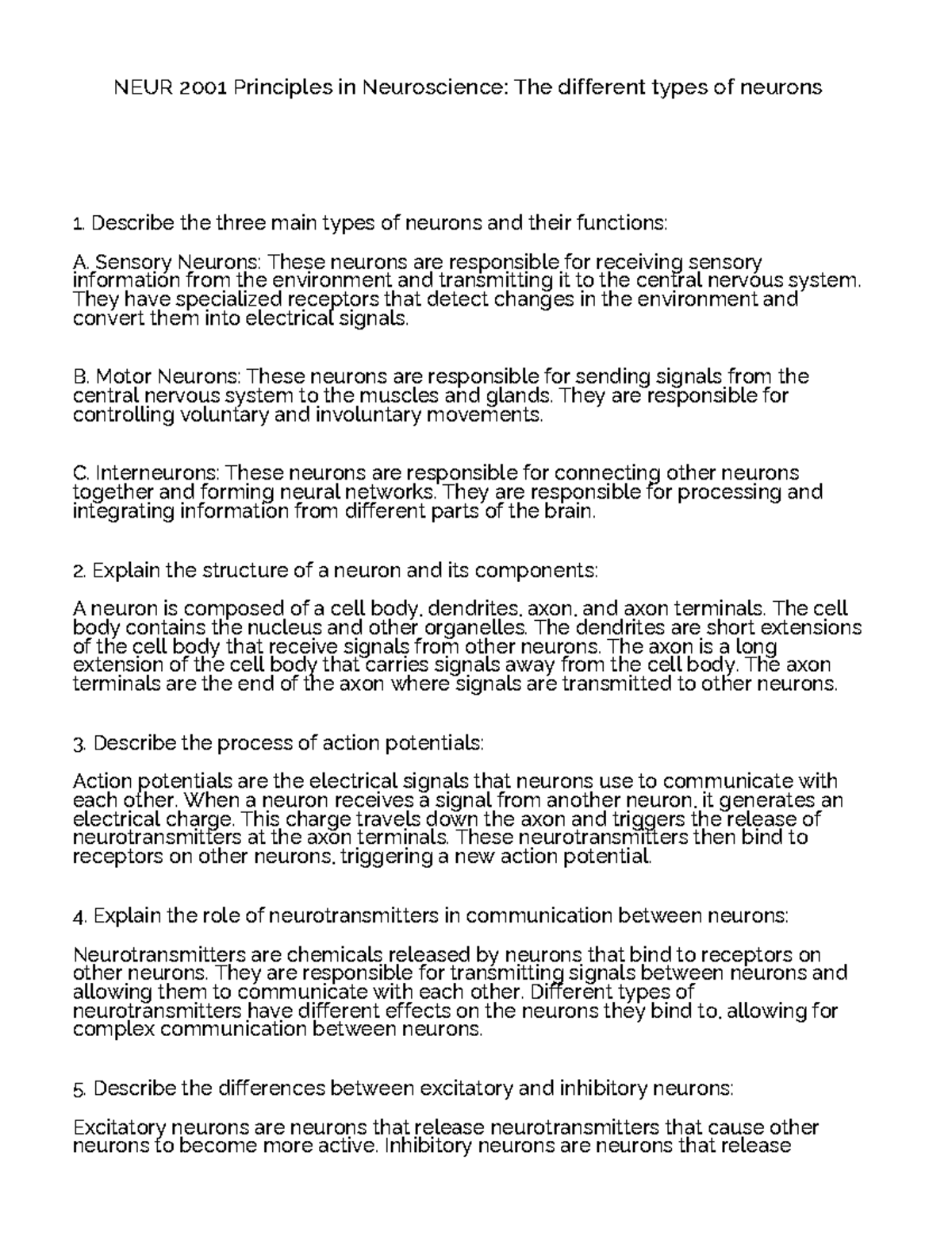 MC1-NEUR 2001 Principles IN Neuroscience-THE Different Types OF Neurons ...