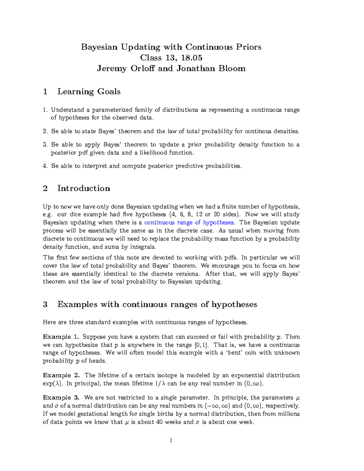 Bayesian Updating with Continuous Priors - Jeremy Orloff and Jonathan Bloom 1 Learning Goals ...
