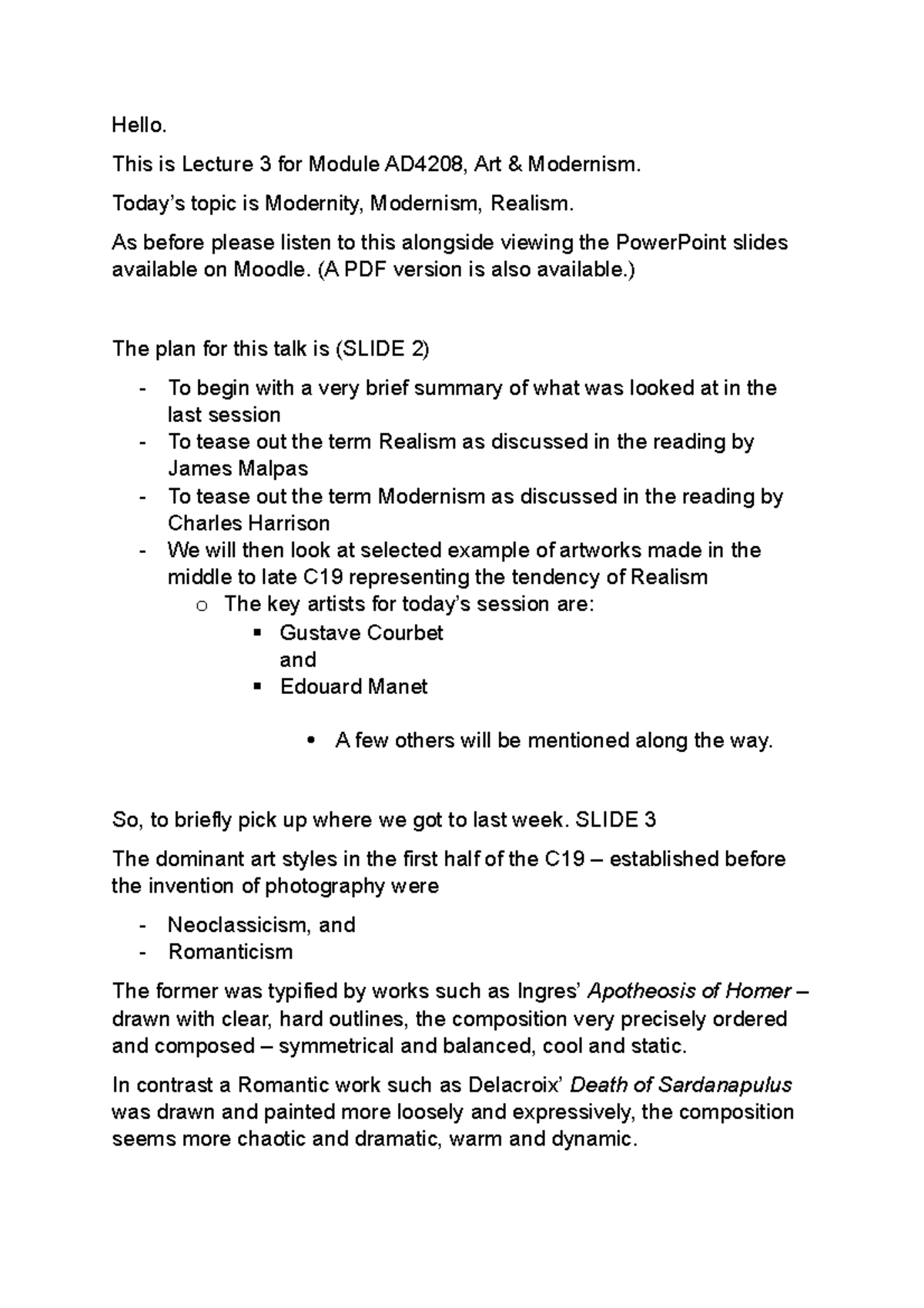 Lecture 3 Modernism Realism Transcript - Hello. This is Lecture 3 for ...