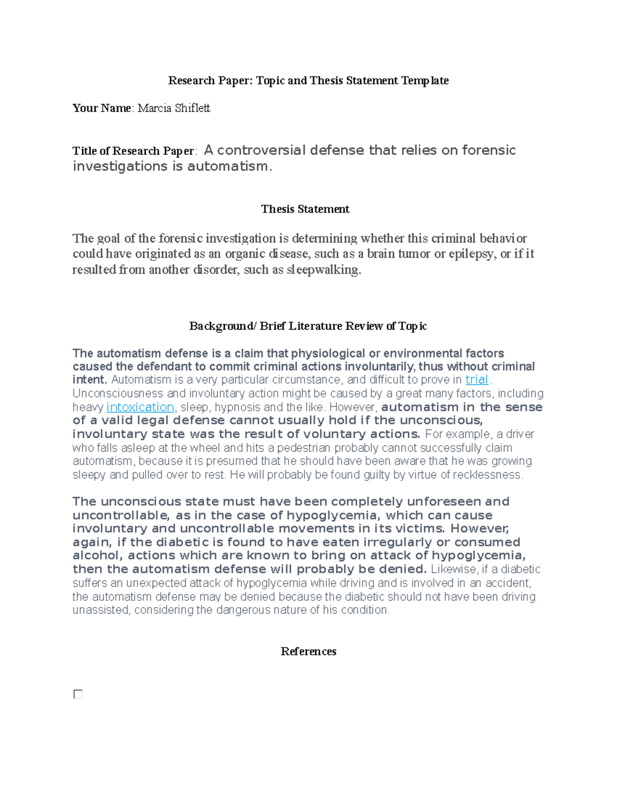 Research paper week 3 automatism defense - Research Paper: Topic and ...