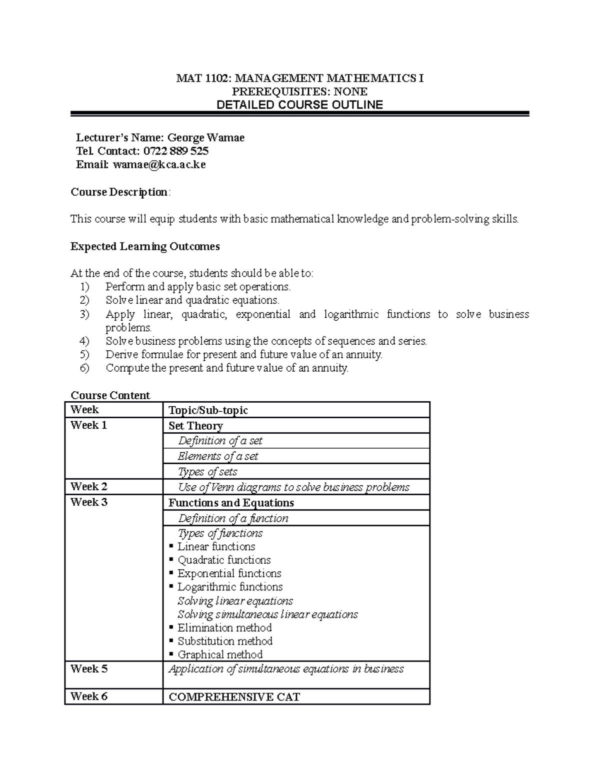 MAT 1102 Management Mathematics I - MAT 1102: MANAGEMENT MATHEMATICS I ...