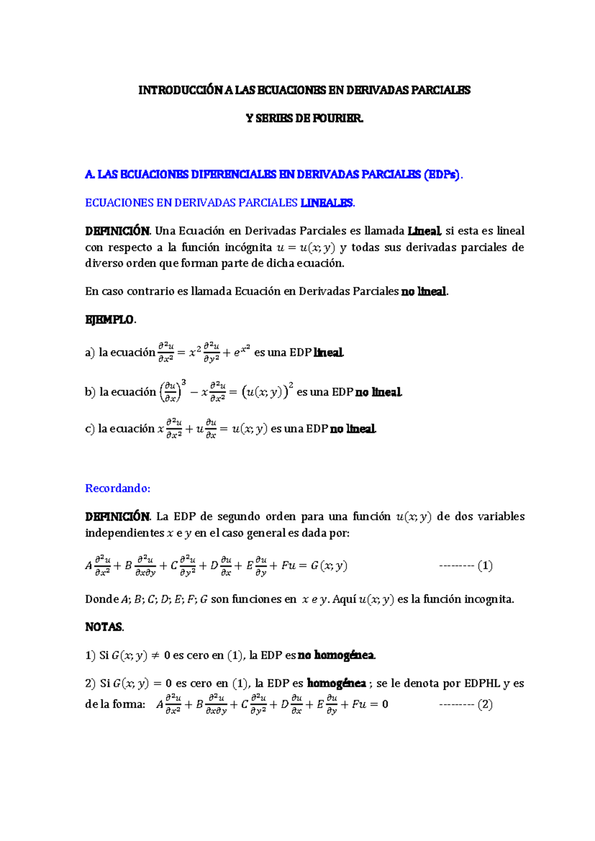 Fourier 2021 EDPs 1 Sem 14 - INTRODUCCIÓN A LAS ECUACIONES EN DERIVADAS PARCIALES Y SERIES DE ...