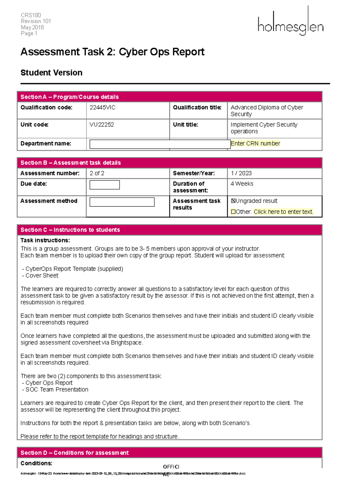 CRS180 Revision 101 May 2018 Page 1 Assessment Task 2: Cyber Ops Report ...