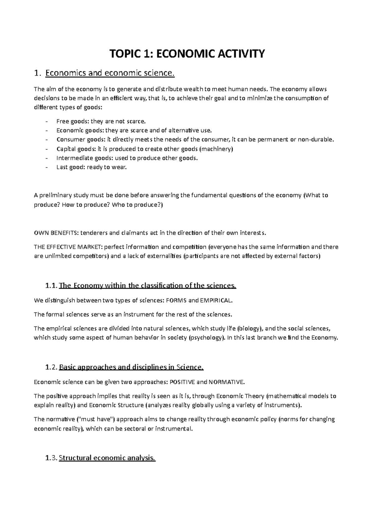 Unit 1 - Lecture notes 1 - TOPIC 1: ECONOMIC ACTIVITY 1. Economics and ...