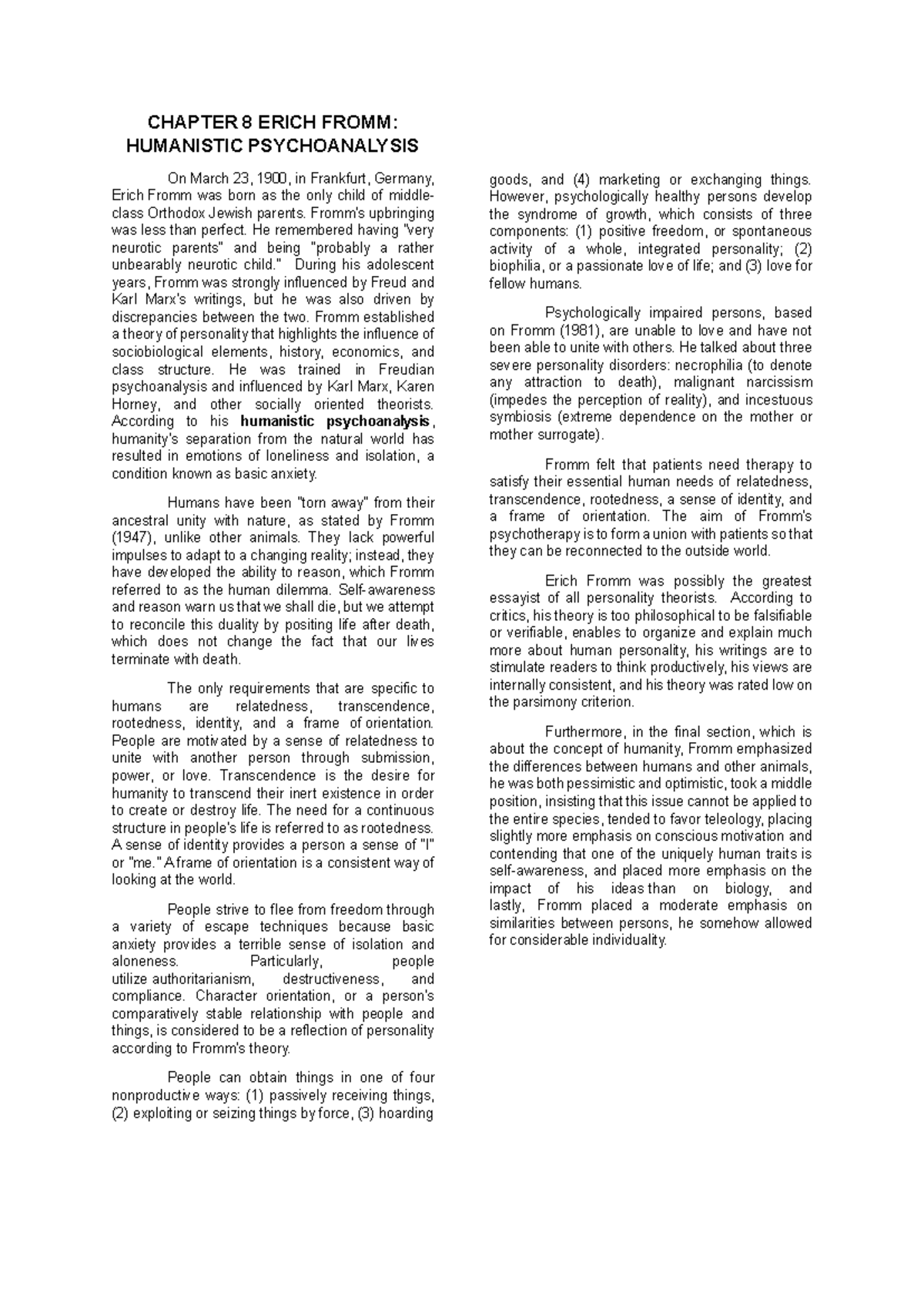 Chapt 8. Fromm - Theories of Personality - CHAPTER 8 ERICH FROMM ...