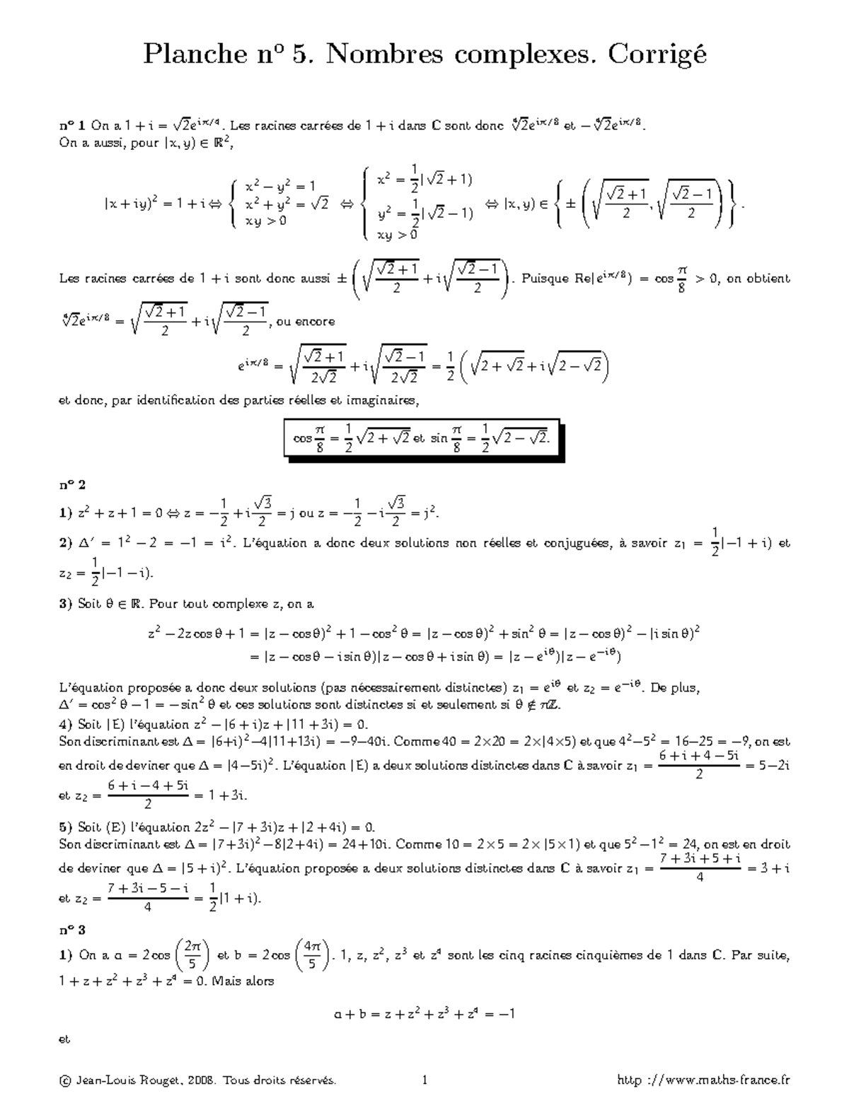 05 Complexes Corrige - Exercices et Cours de mathématiques - Planche n ...
