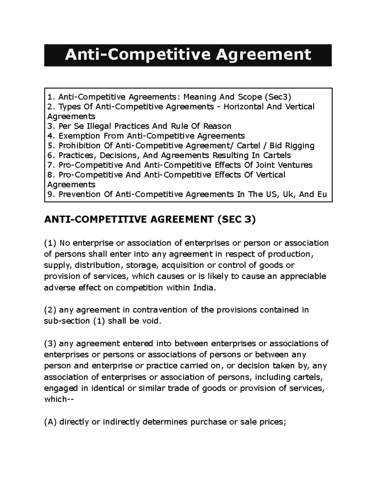 Anti-Competitive Agreement - (2) any agreement in contravention of the ...