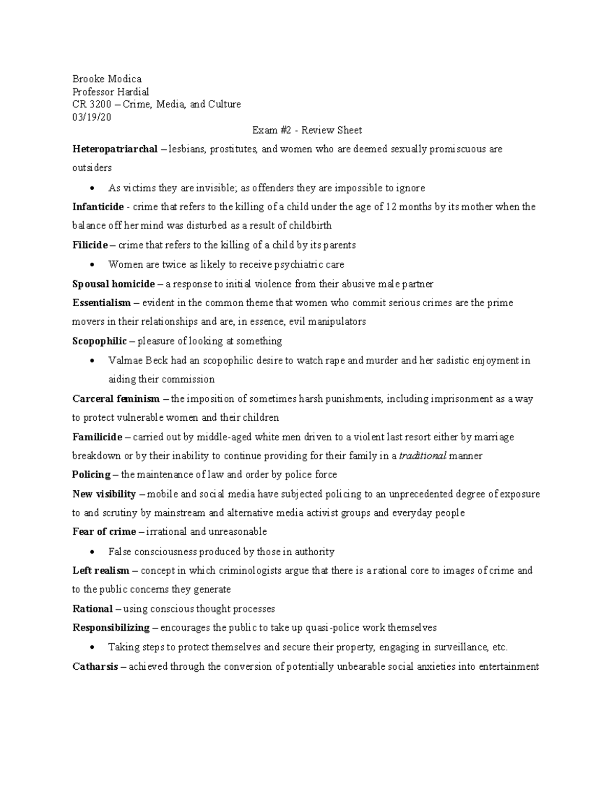 Crime, Media, and & Culture - Exam 2 Review Sheet - Brooke Modica ...