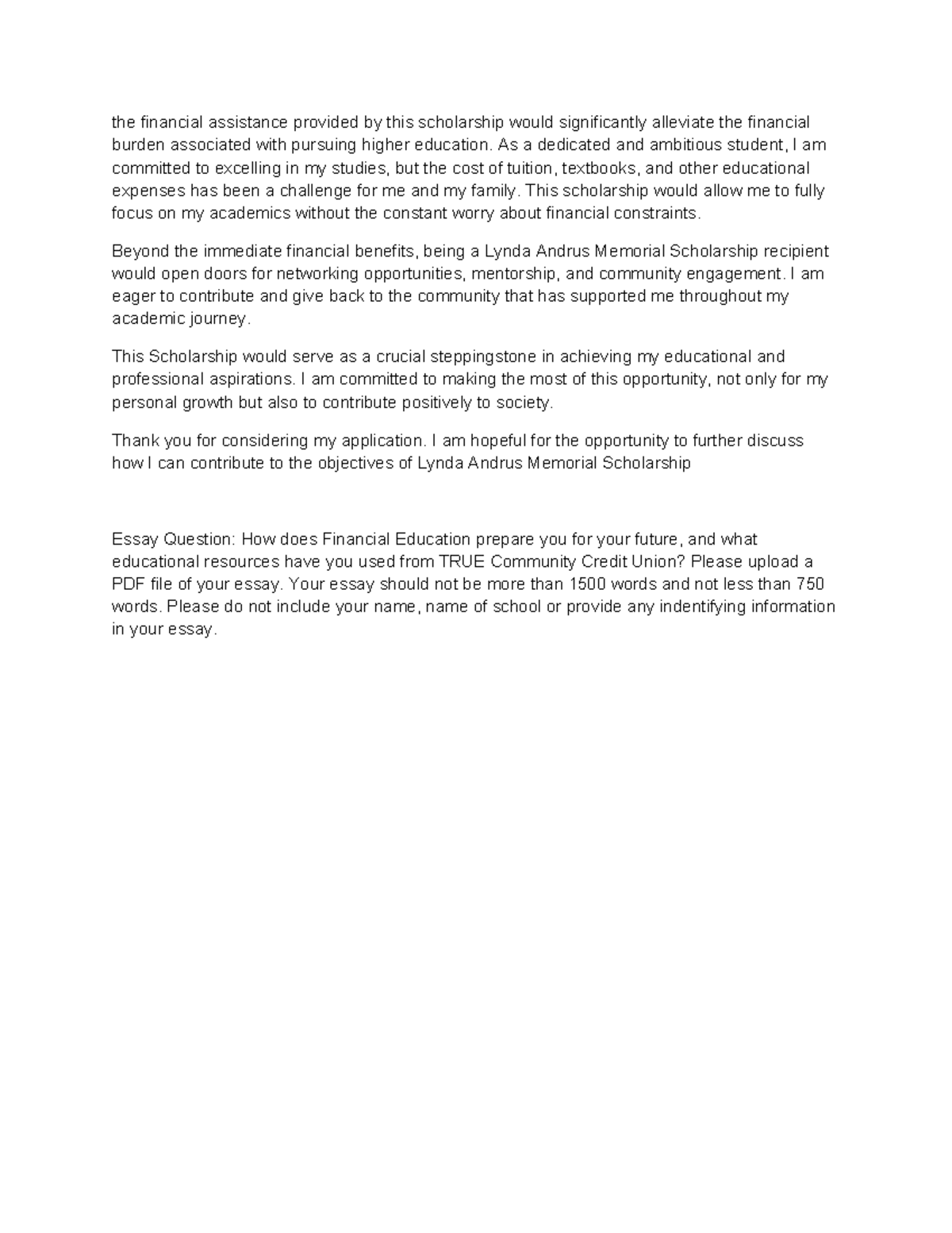 Essays - n/a - the financial assistance provided by this scholarship ...