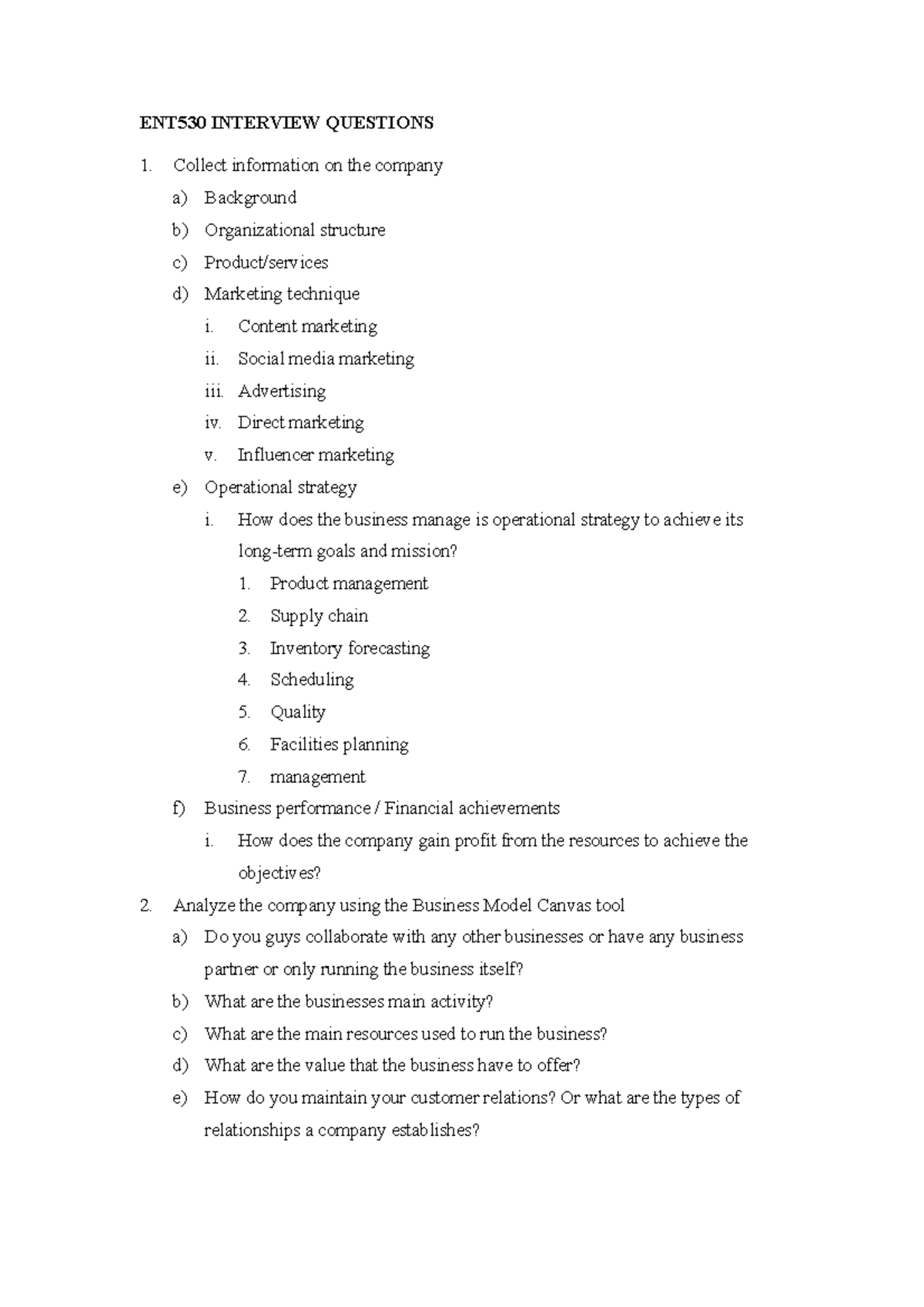ENT530 Interview Questions Example - ENT530 INTERVIEW QUESTIONS Collect ...