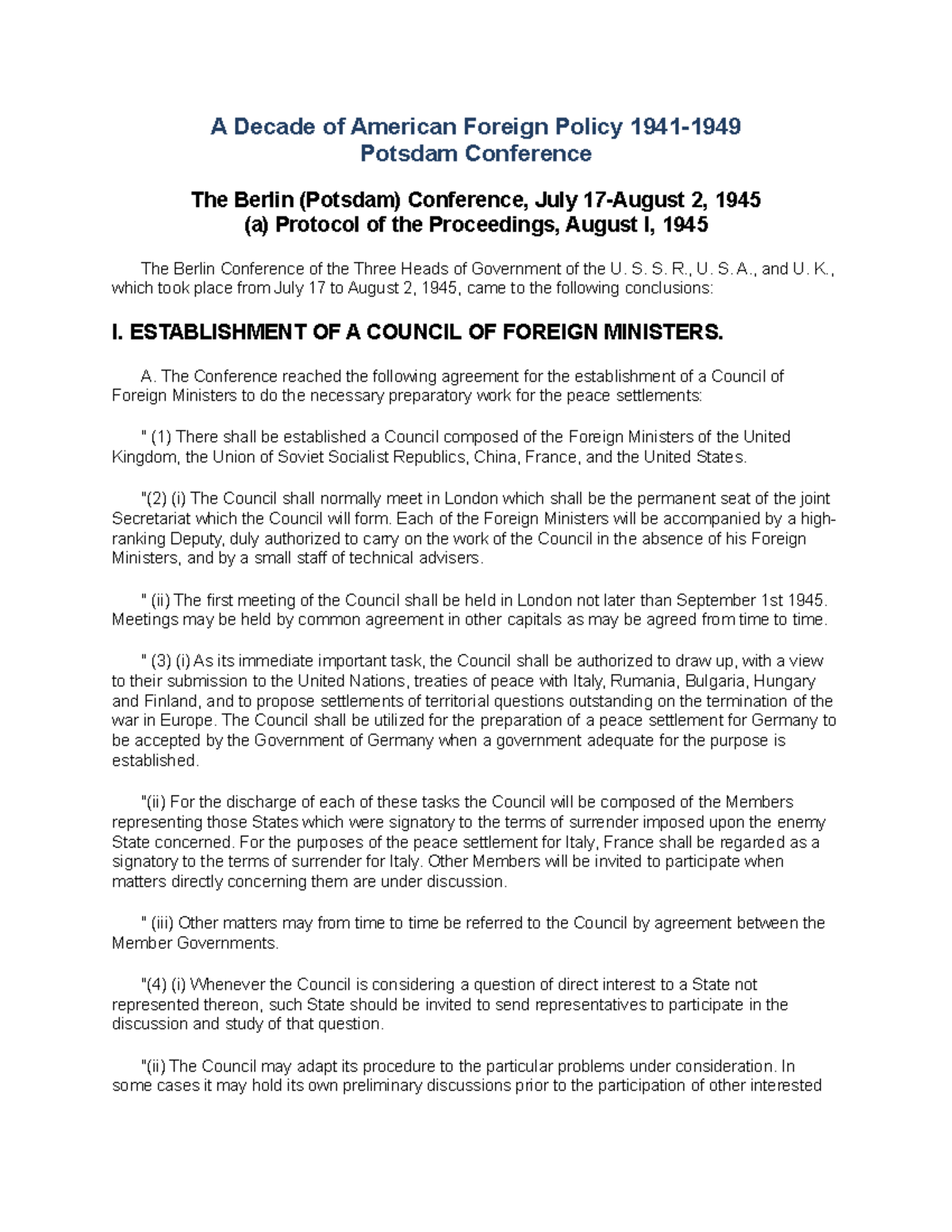 A Decade of American Foreign Policy 1941 - S. S. R., U. S. A., and U. K ...