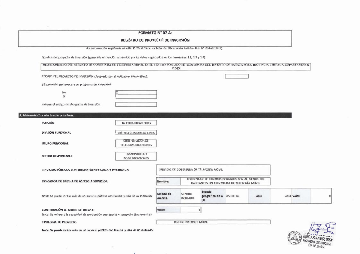 Formato N° 7-A-1-5 - FORMATO N" 07-A: REGISTRO DE PROYECTO DE INVERSIÓN ...