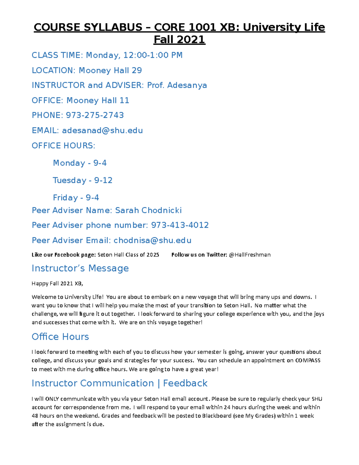 CORE 1001 XB Fall 2021 syllabus Univeristy life - COURSE SYLLABUS – CORE 1001 XB: University ...