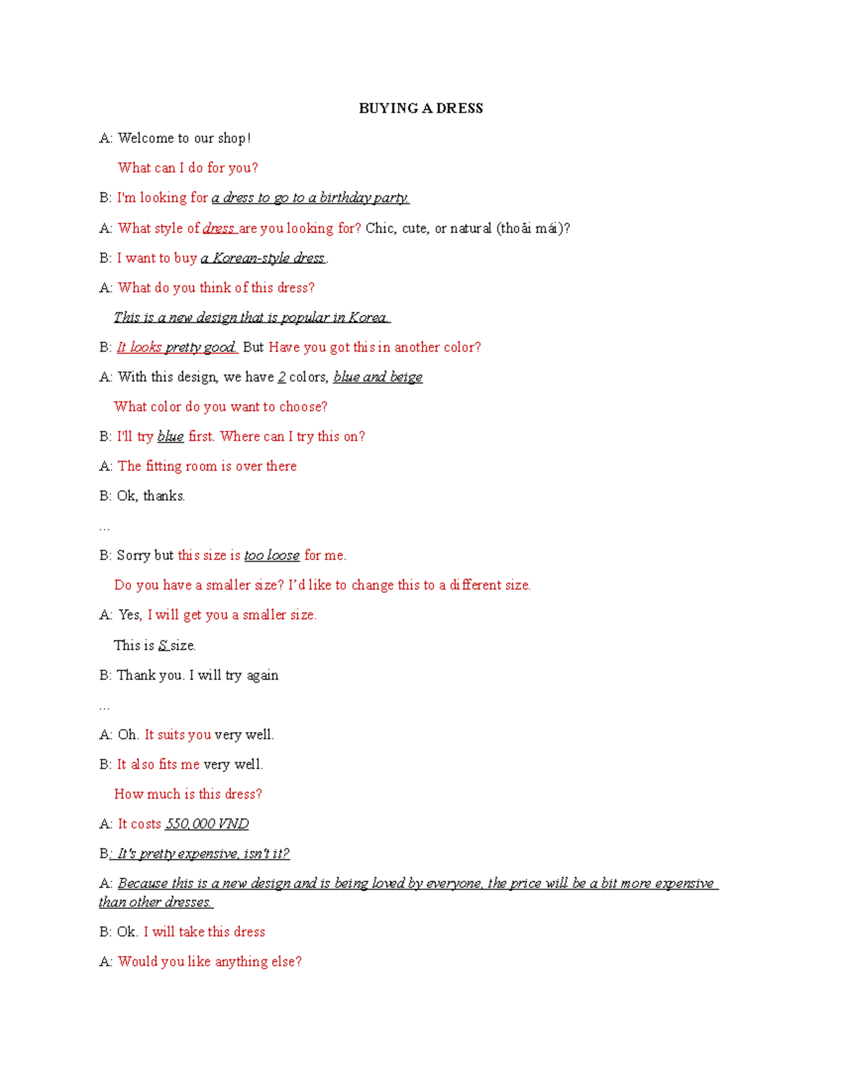 Conversation About Buying A Dress - BUYING A DRESS A: Welcome to our ...