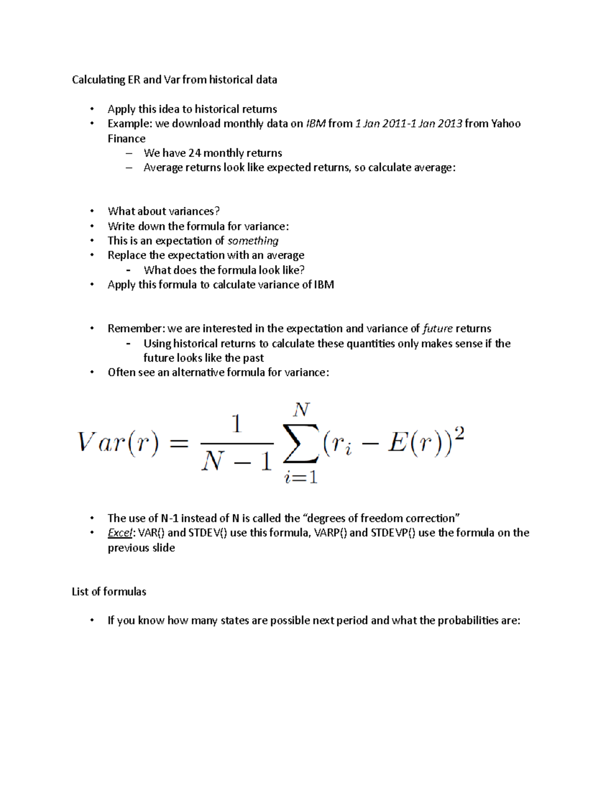 Calculating ER and Var from historical data - months) - Studocu