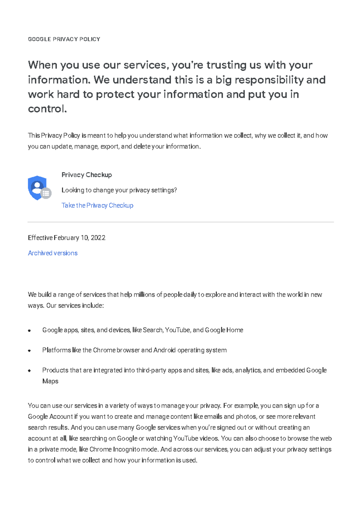 Google privacy policy en - GOOGLE PRIVACY POLICY When you use our ...