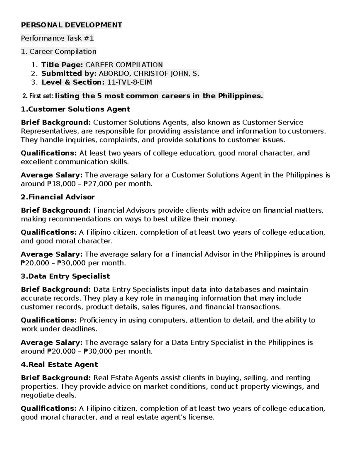 Personal Development PT #1 - PERSONAL DEVELOPMENT Performance Task ...