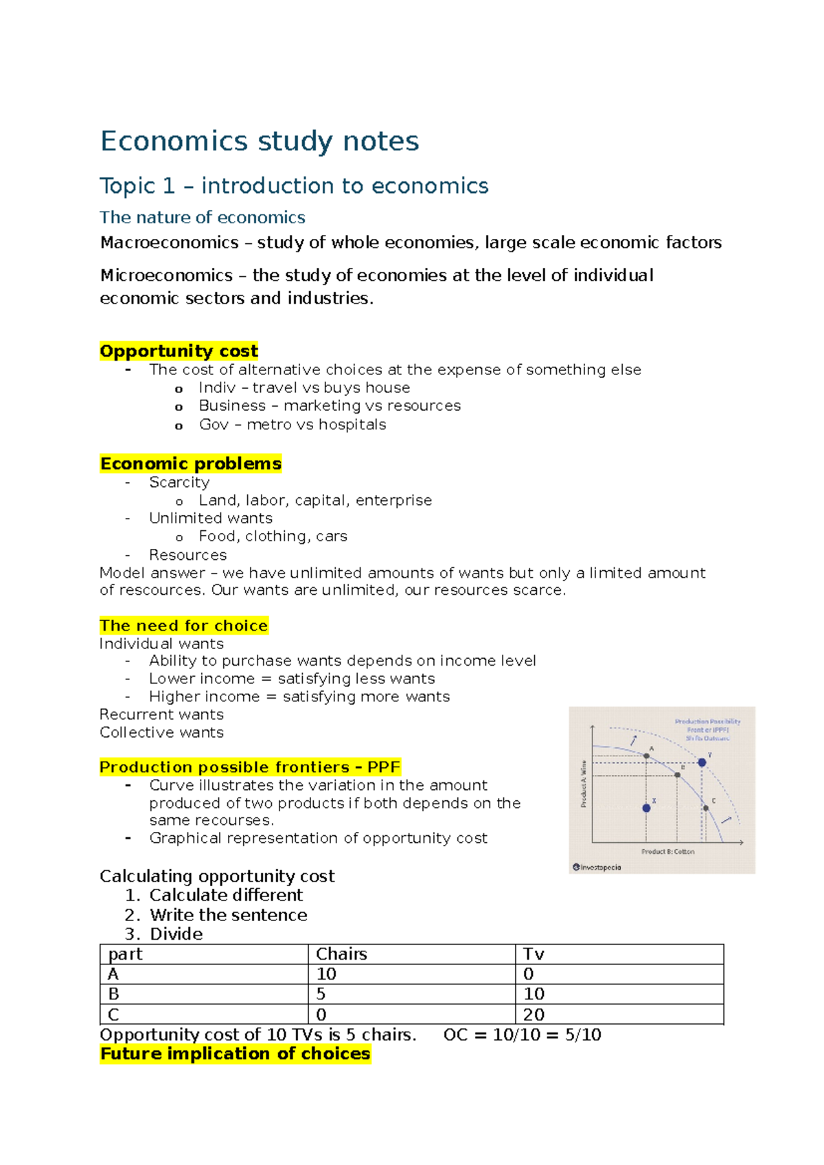 Topic 1 Introductio to economics notes - Economics study notes Topic 1 ...