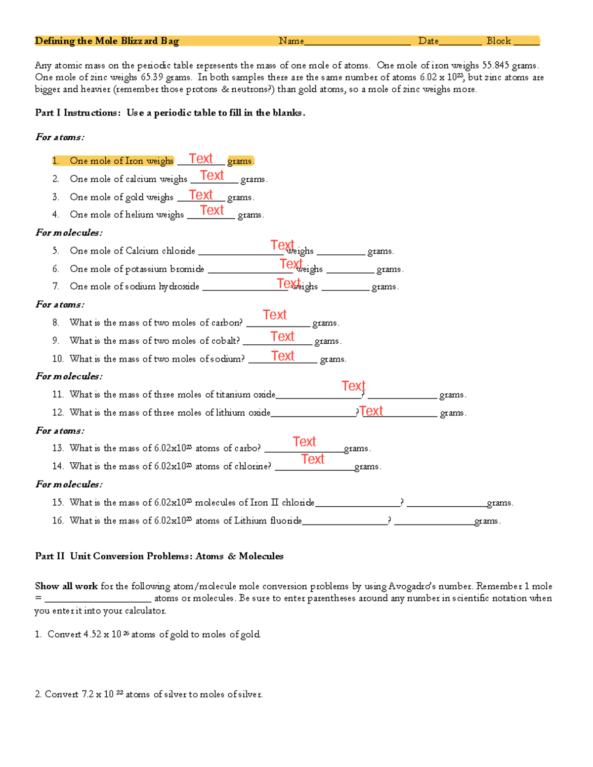 Chemisrty - Blizzard Bag 2 - Defining the Mole Blizzard Bag Name ...