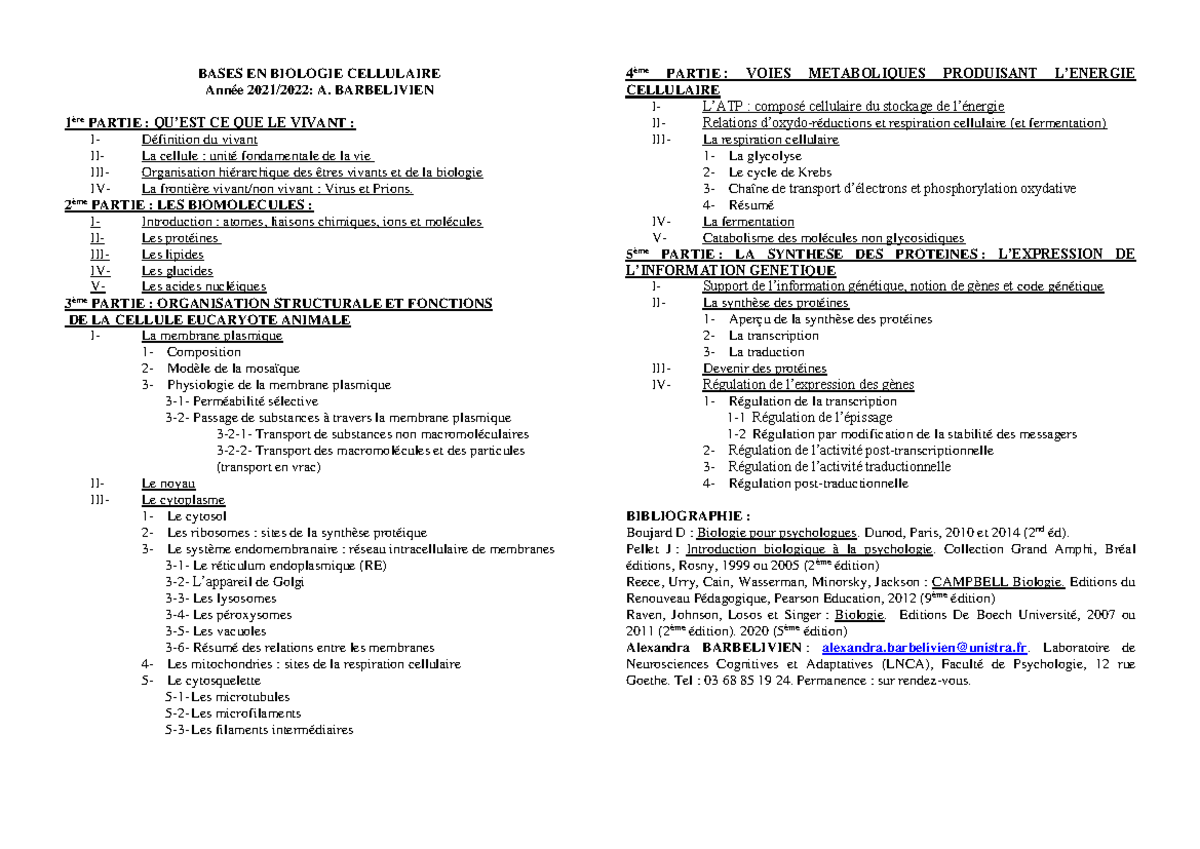 PLan bio cel - plan - Biologie - Unistra - StuDocu