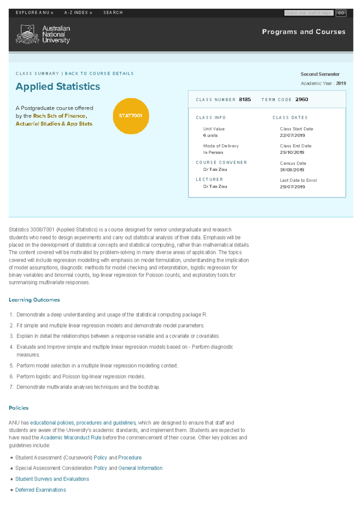 STAT7001 Course Outline - Programs and Courses Statistics 3008/7001 ...