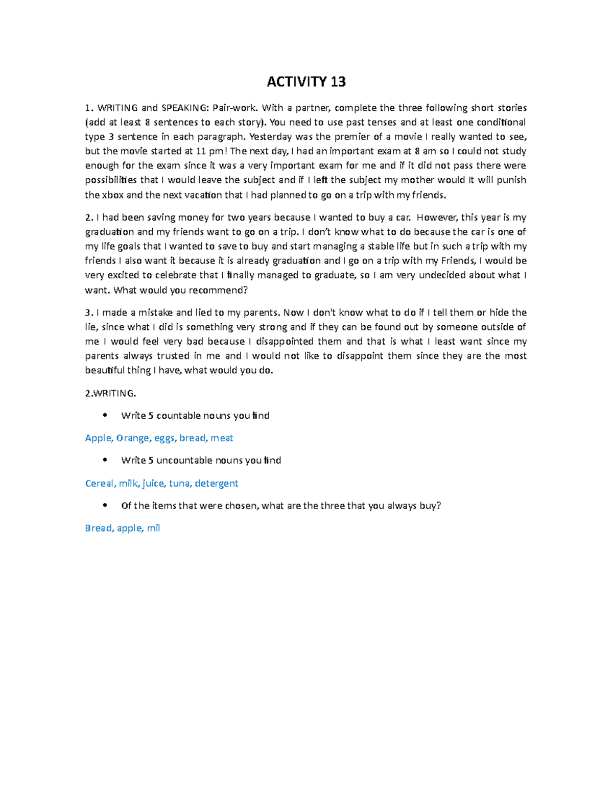 Activity 13 - ingles - ACTIVITY 13 WRITING and SPEAKING: Pair-work ...