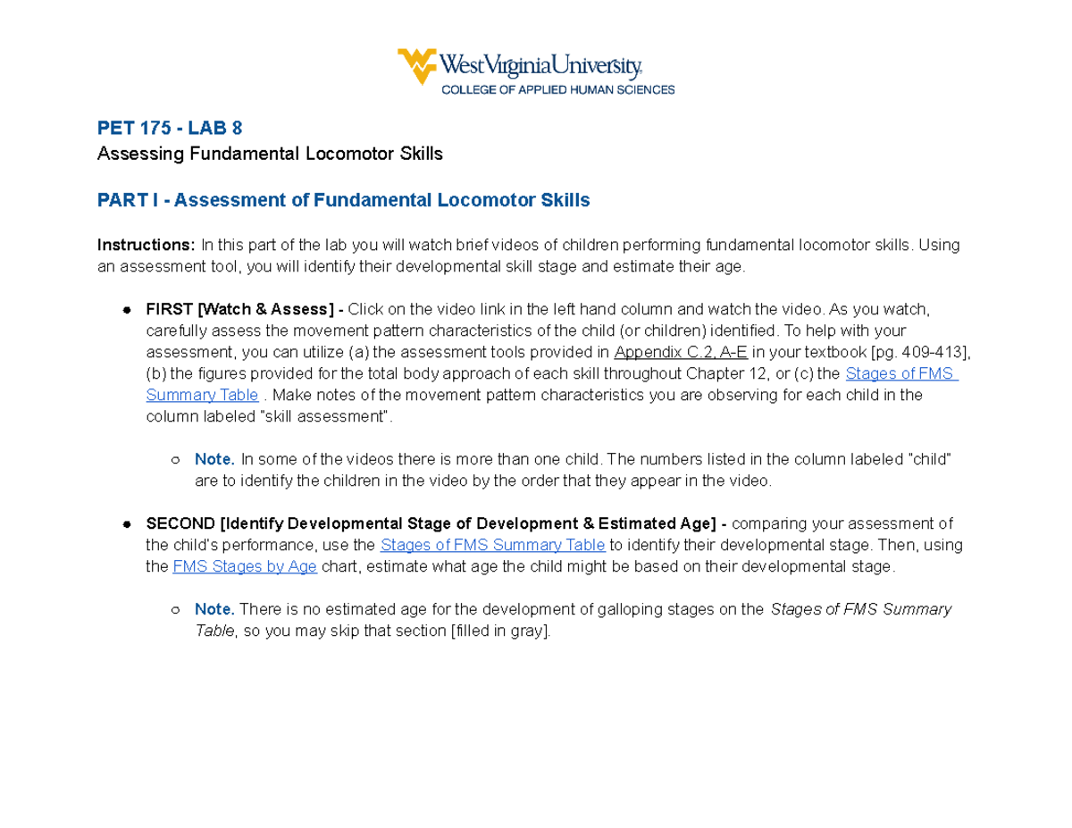 PET 175 - LAB 8 - PET 175 - LAB 8 for Motor Development at WVU - PET ...