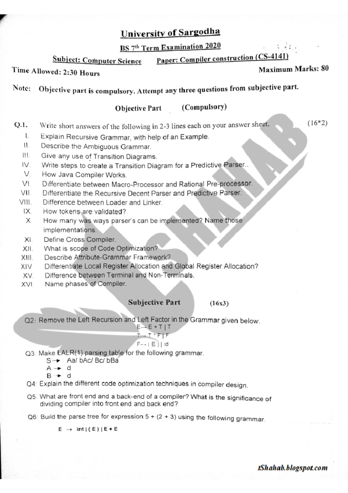 CC CS 2020 - past paper 2020 CS - compiler construction - Studocu