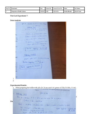 Pre-Lab Exp. 8 - General Chemistry II Lab Pre-Lab assignment for exp. 8 - Exp. No Experiment ...