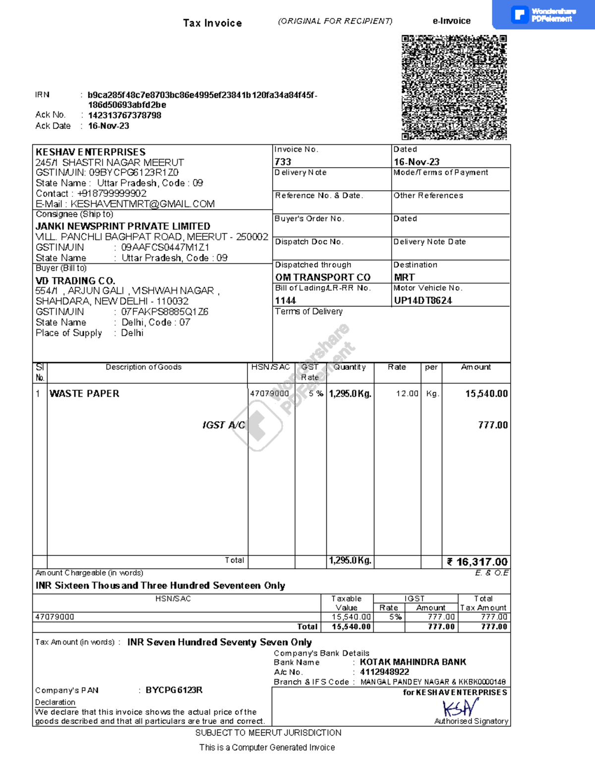 KE 733 - Notes - Tax Invoice (ORIGINAL FOR RECIPIENT) IRN : - Studocu