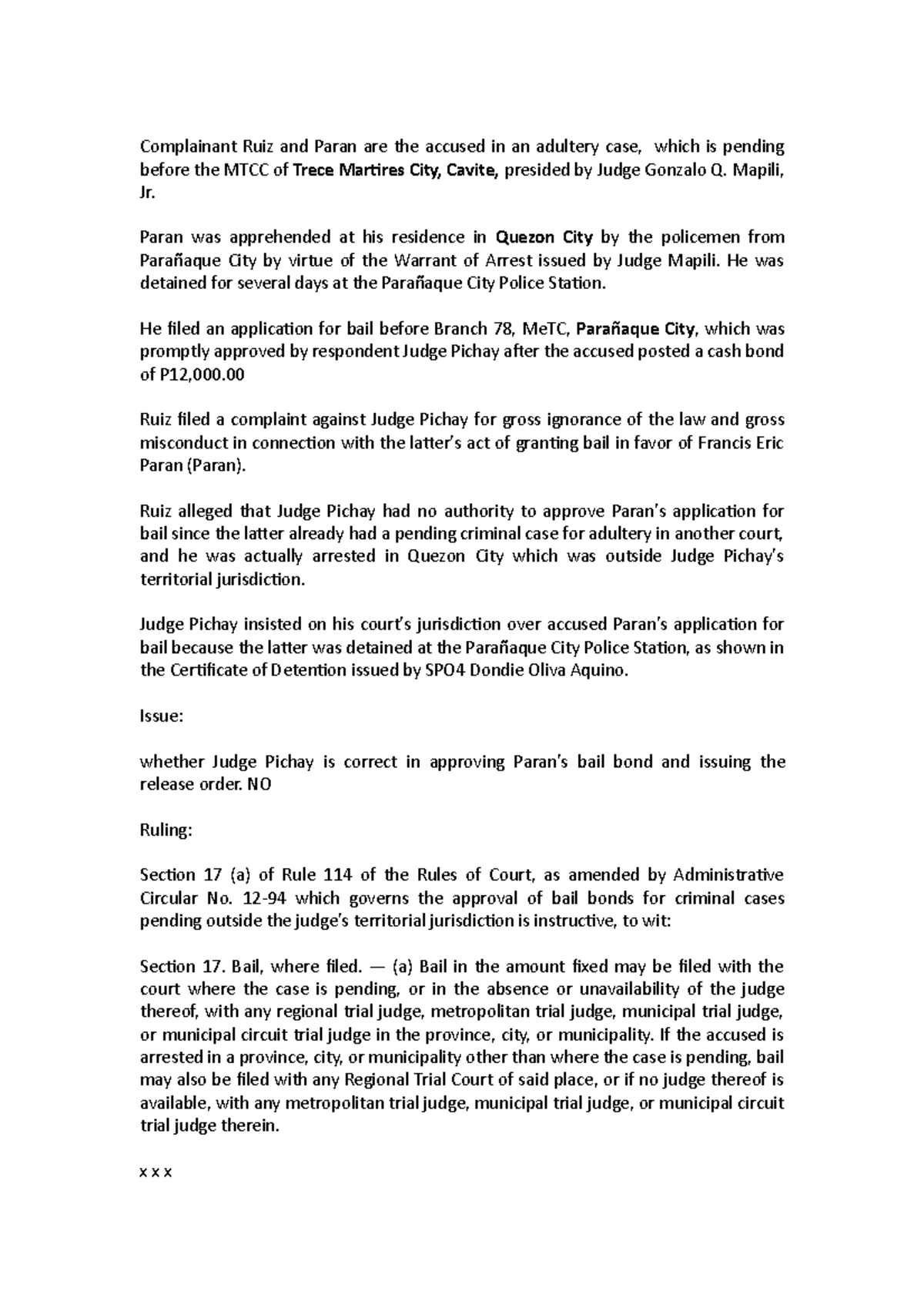 Ruiz vs pichay - Complainant Ruiz and Paran are the accused in an ...