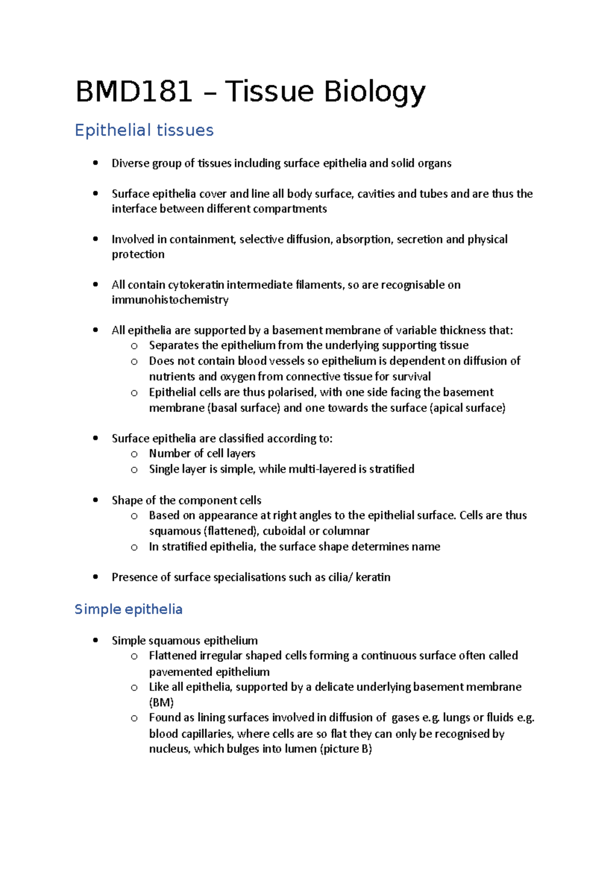 BMD181 tissue biology - Notes from week 2 - week 5 - BMD181 – Tissue ...