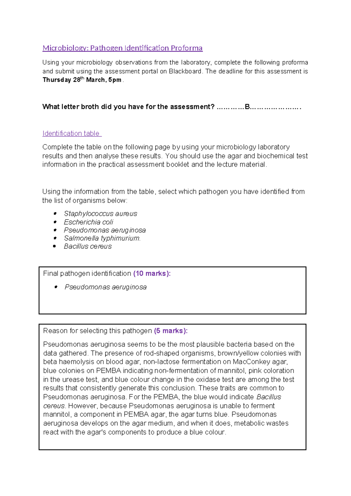 Microbiology Assessment Proforma 24 - Microbiology: Pathogen ...