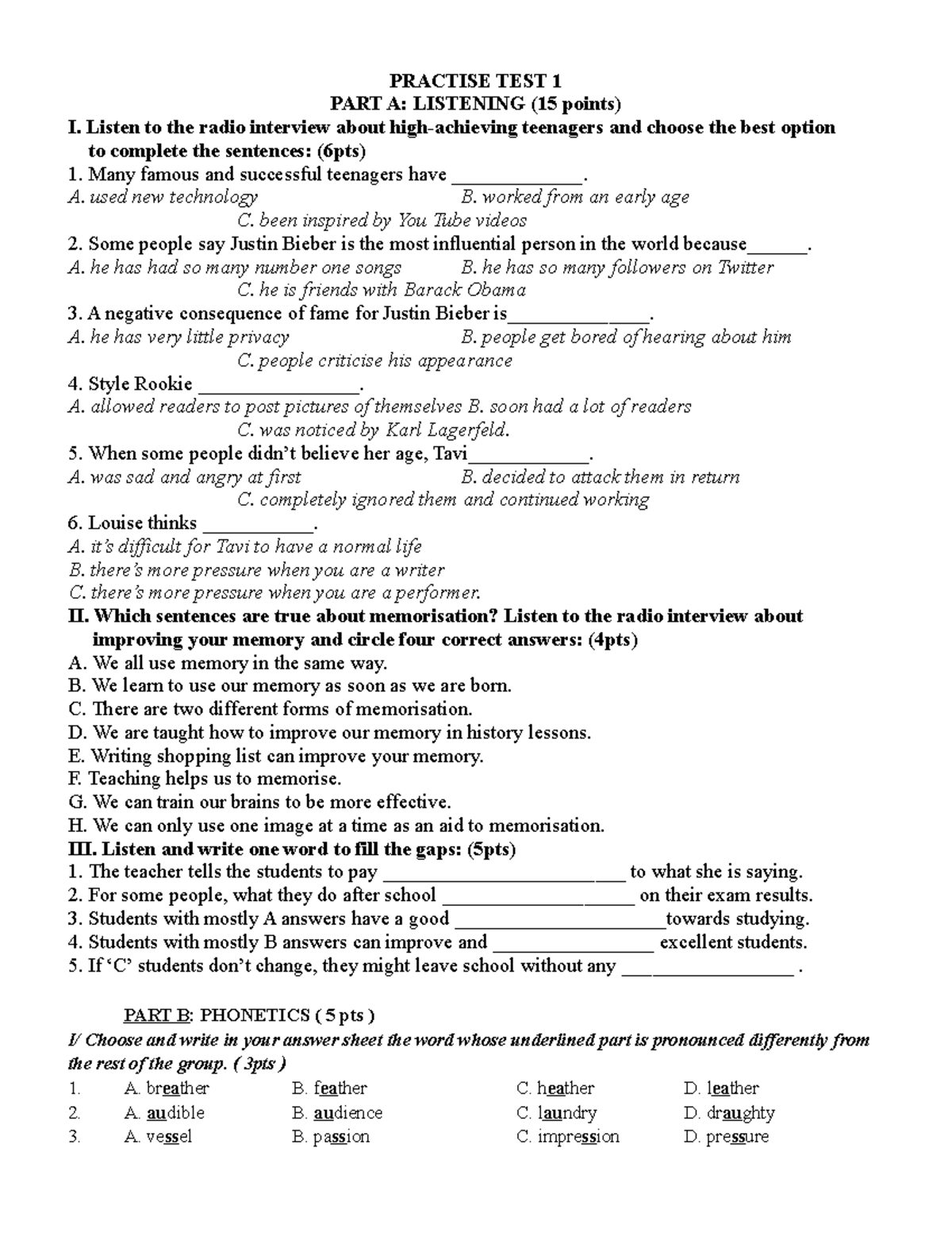 Practise TEST 1 - hope to get many domcuments - PRACTISE TEST 1 PART A ...