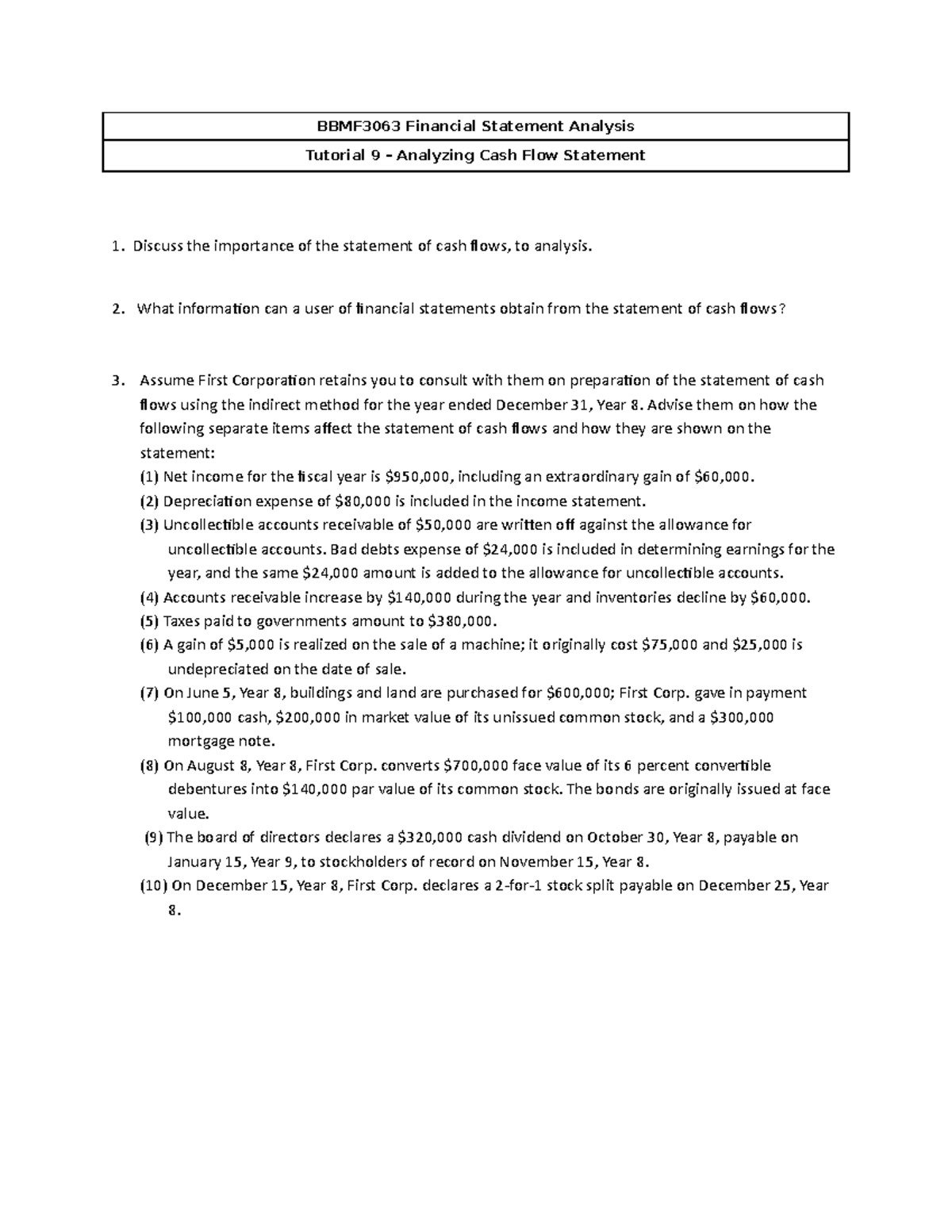 FSA Tutorial 9 - HFTRFVHRFVFF - BBMF3063 Financial Statement Analysis ...
