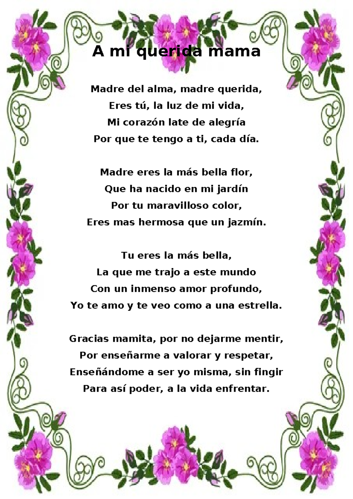 A mi querida mama - cancion - A mi querida mama Madre del alma, madre querida, Eres tú, la luz ...