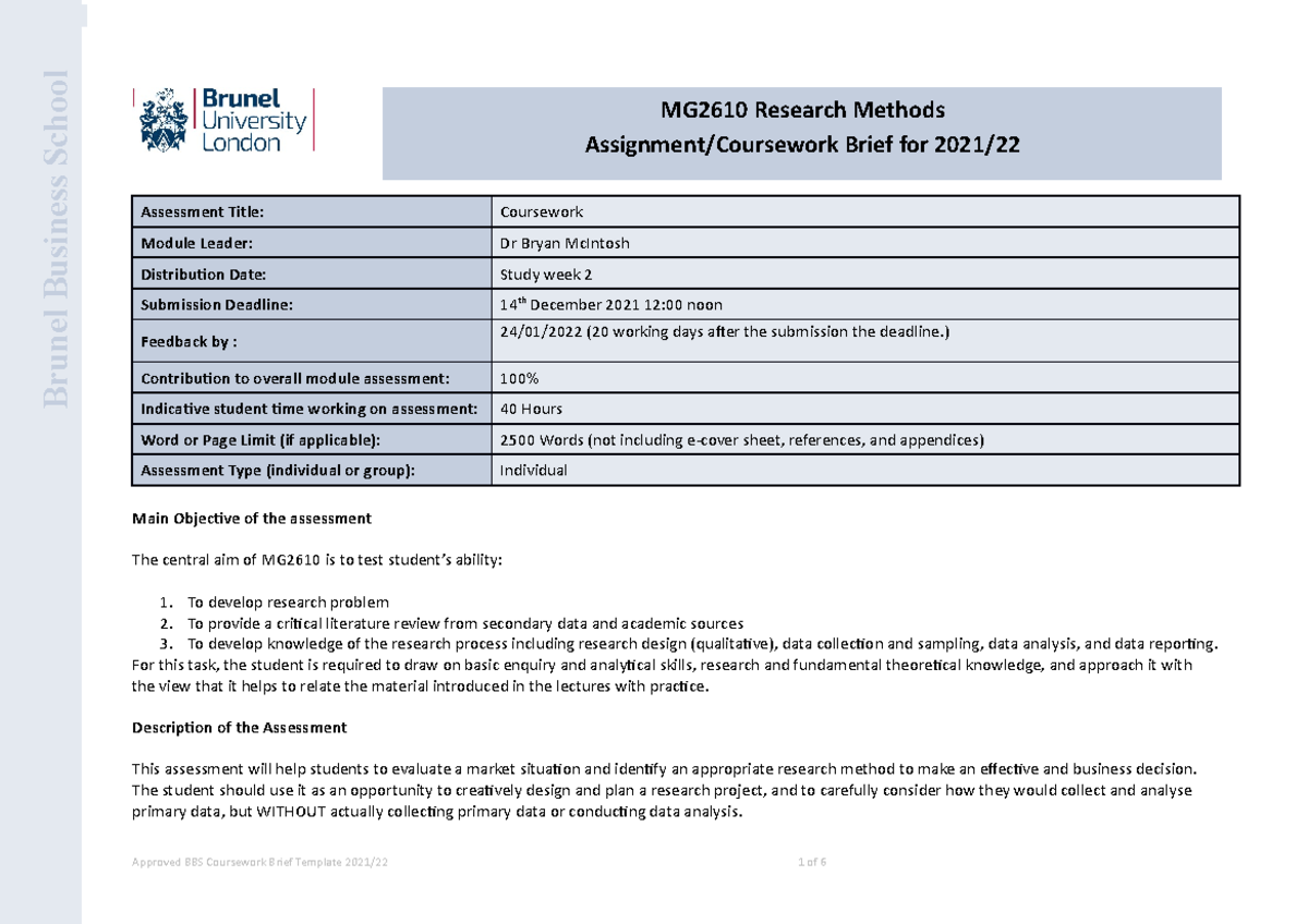 MG2610 Coursework Brief for 2021-22 - Assessment Title: Coursework ...