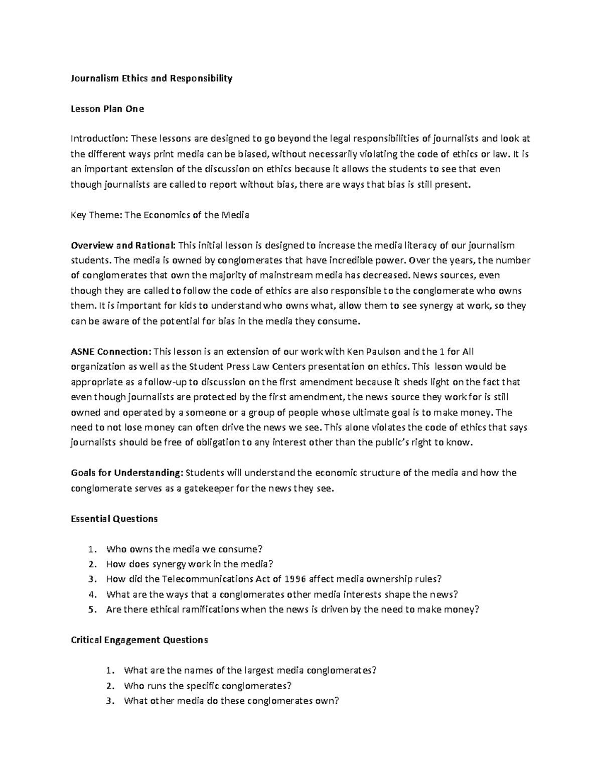LESSON PLANNING - Journalism Ethics and Responsibility Lesson Plan One ...