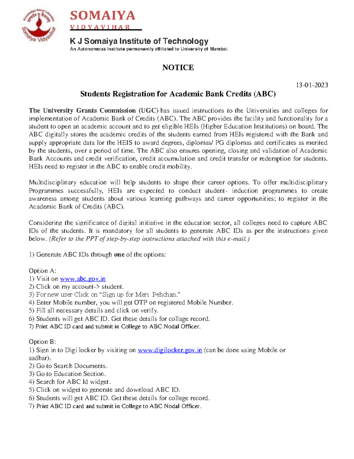 ABC-Notice for students - SOMAIYA V I D Y A V I H A R K J Somaiya ...