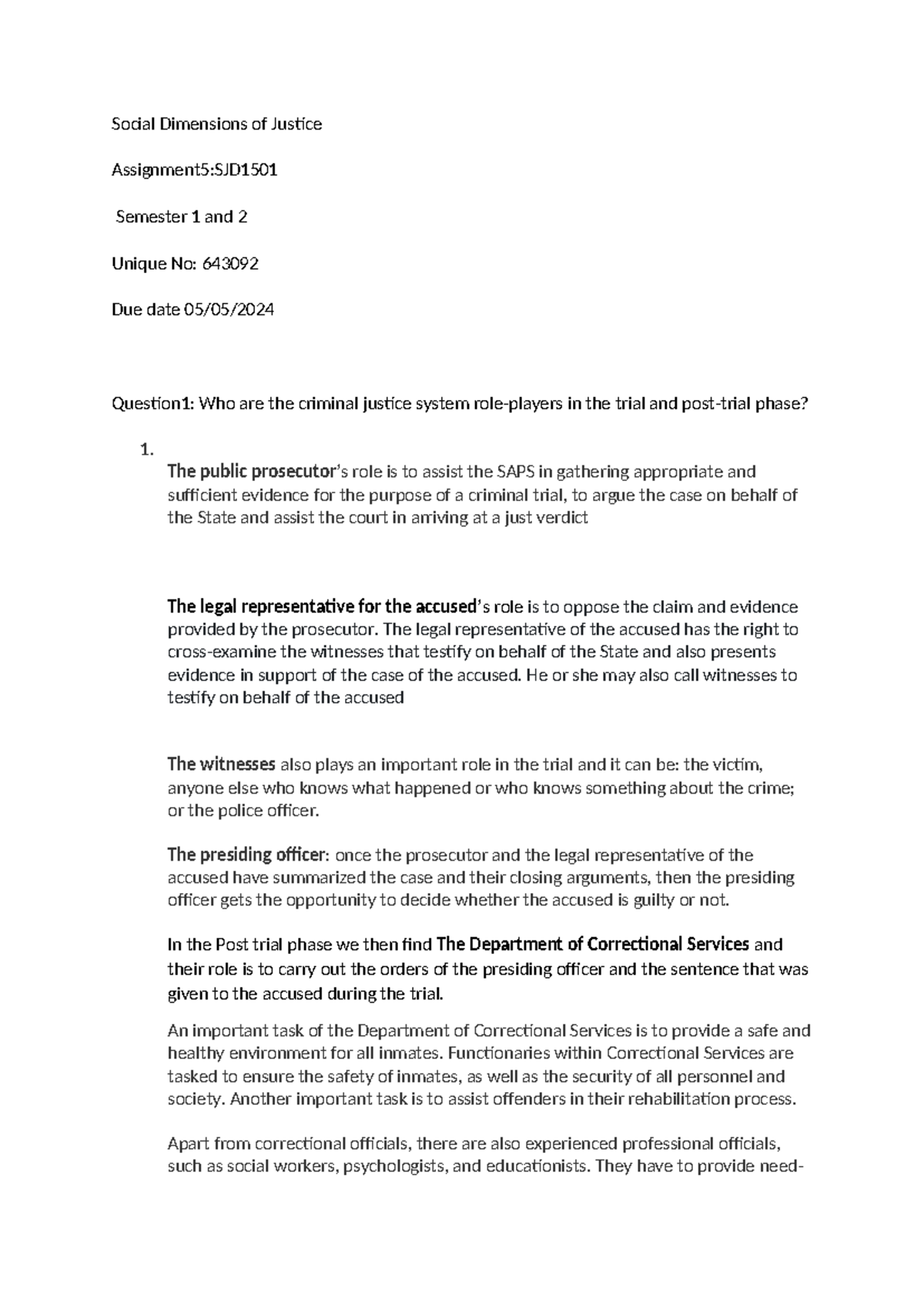SJD1501; Assignmnt 5 - Social Dimensions of Justice Assignment5:SJD ...