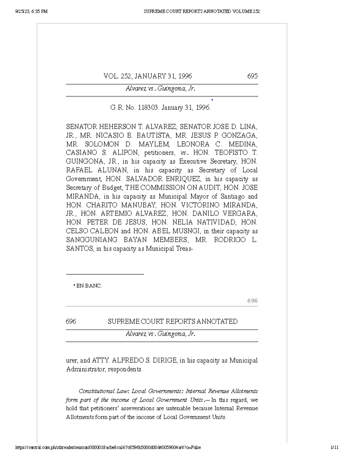 10. Alvarez-v-Guingona-Jr - VOL. 252, JANUARY 31, 1996 695 Alvarez vs ...