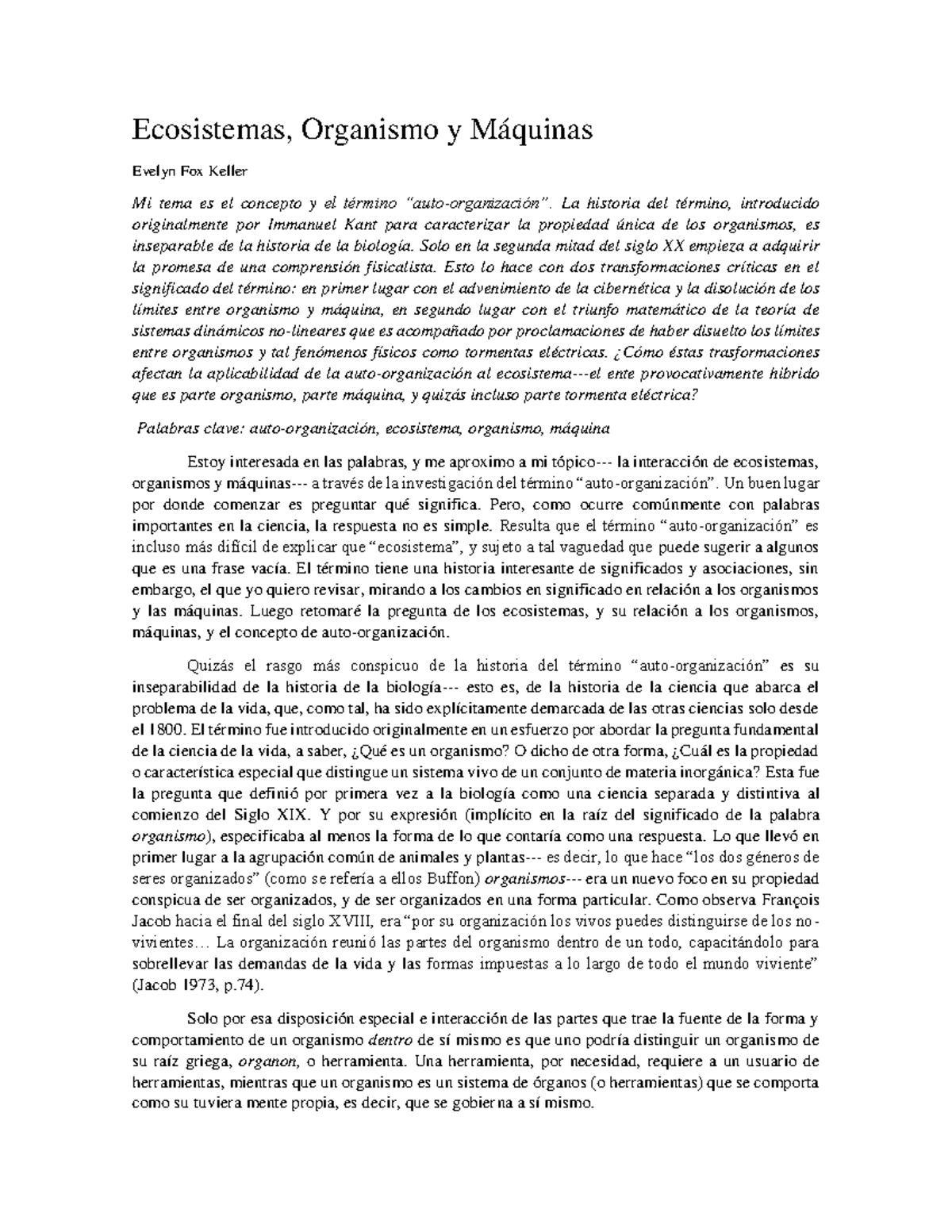 Textos FUBI - Ecosistemas, Organismo y Máquinas Evelyn Fox Keller Mi ...