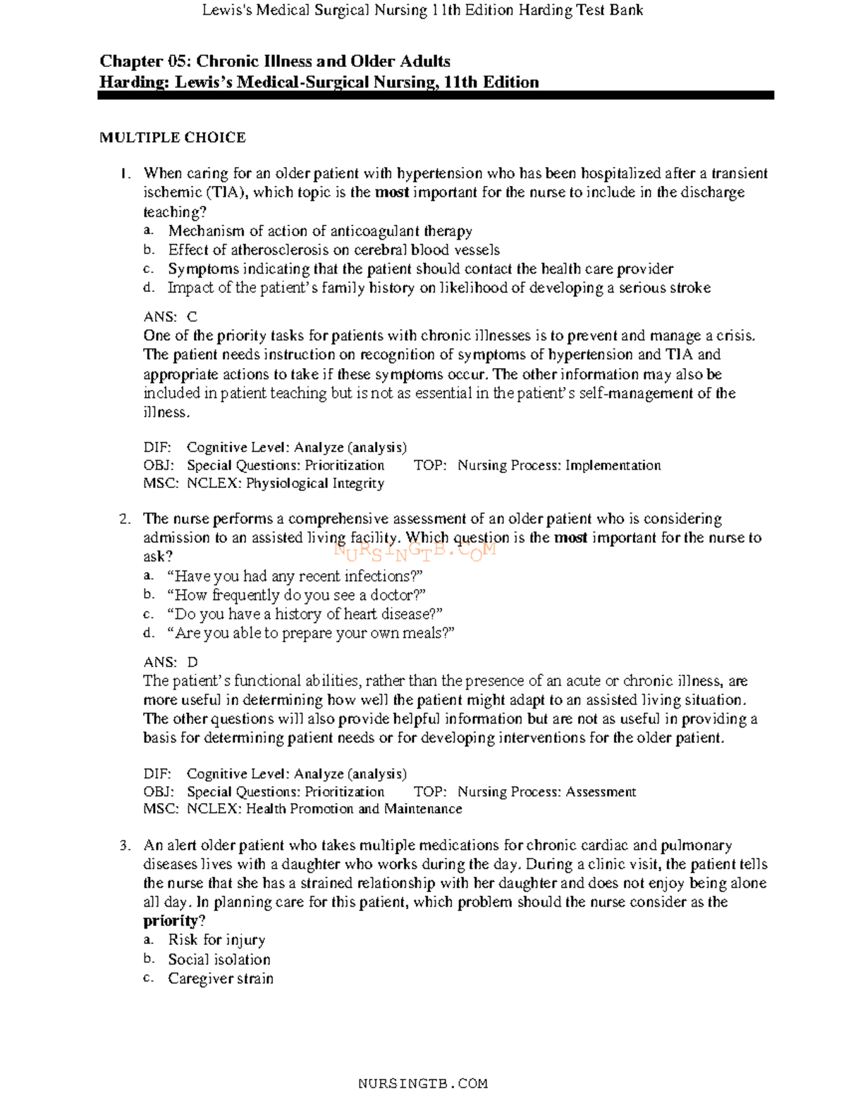 05 Medical surgical quiz - NURSINGTB Chapter 05: Chronic Illness and ...