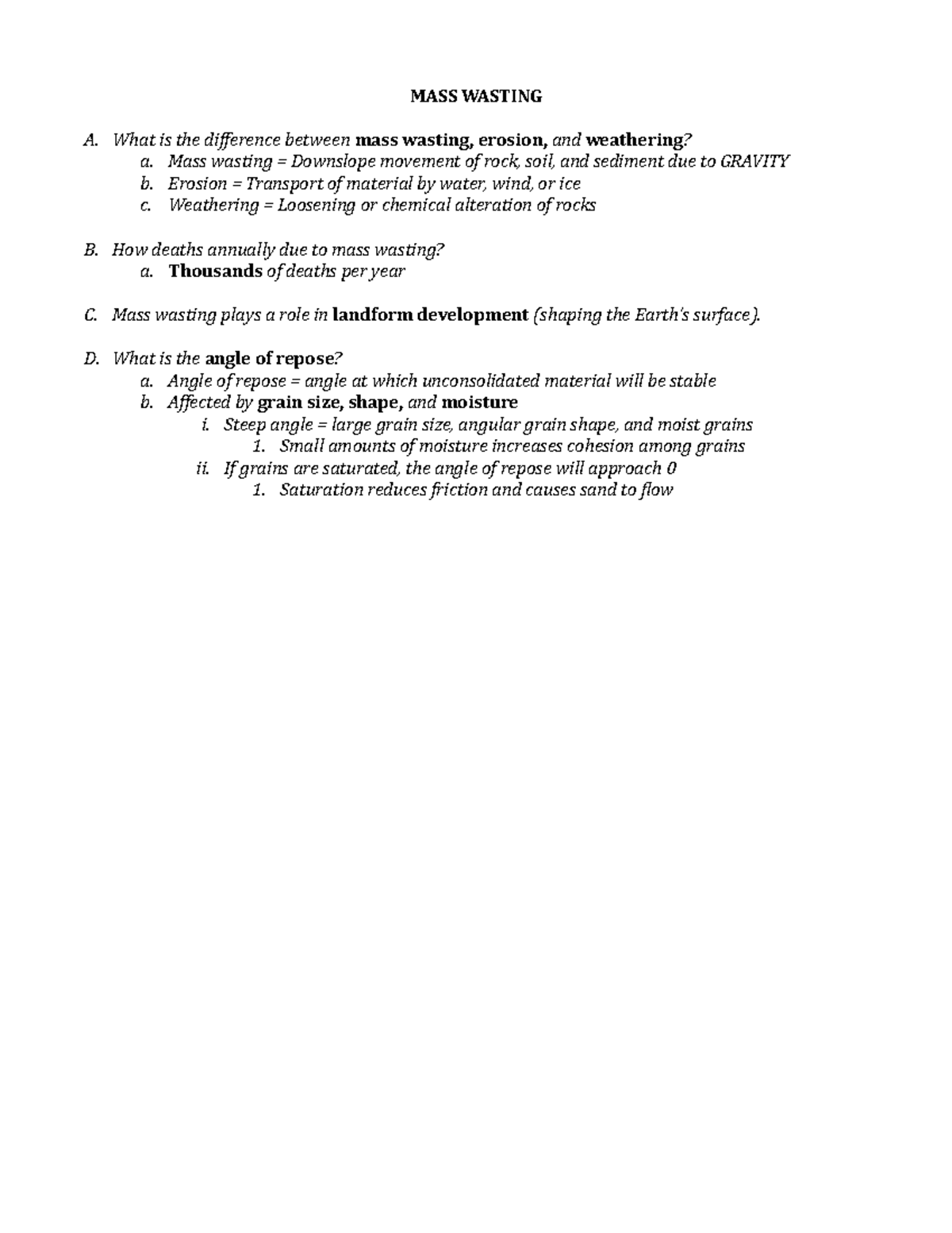 EOS Final Study Guide - MASS WASTING A. What is the difference between ...