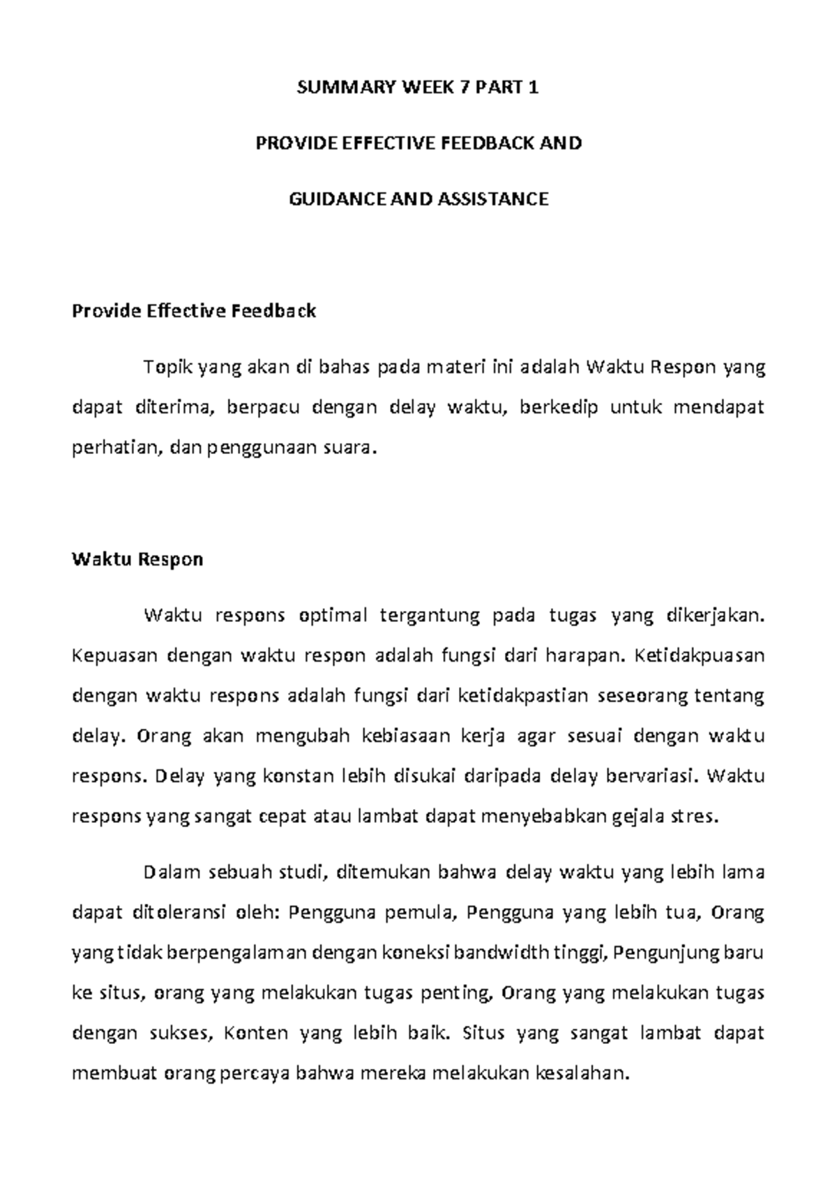 Summary week 7 part 2 - SUMMARY WEEK 7 PART 1 PROVIDE EFFECTIVE ...