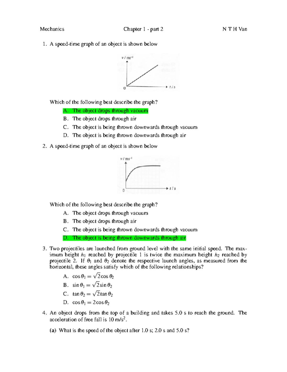 USTH Exercise B1 Chap1 p2 - A speed-time graph of an object is shown ...