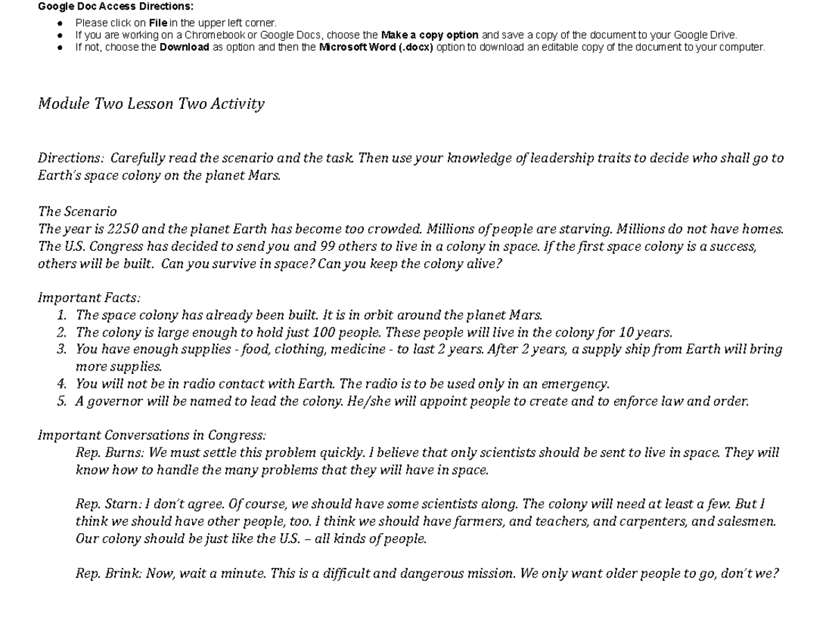 Module Two Lesson Two Activity - Jillian Klinedinst - Google Doc Access ...